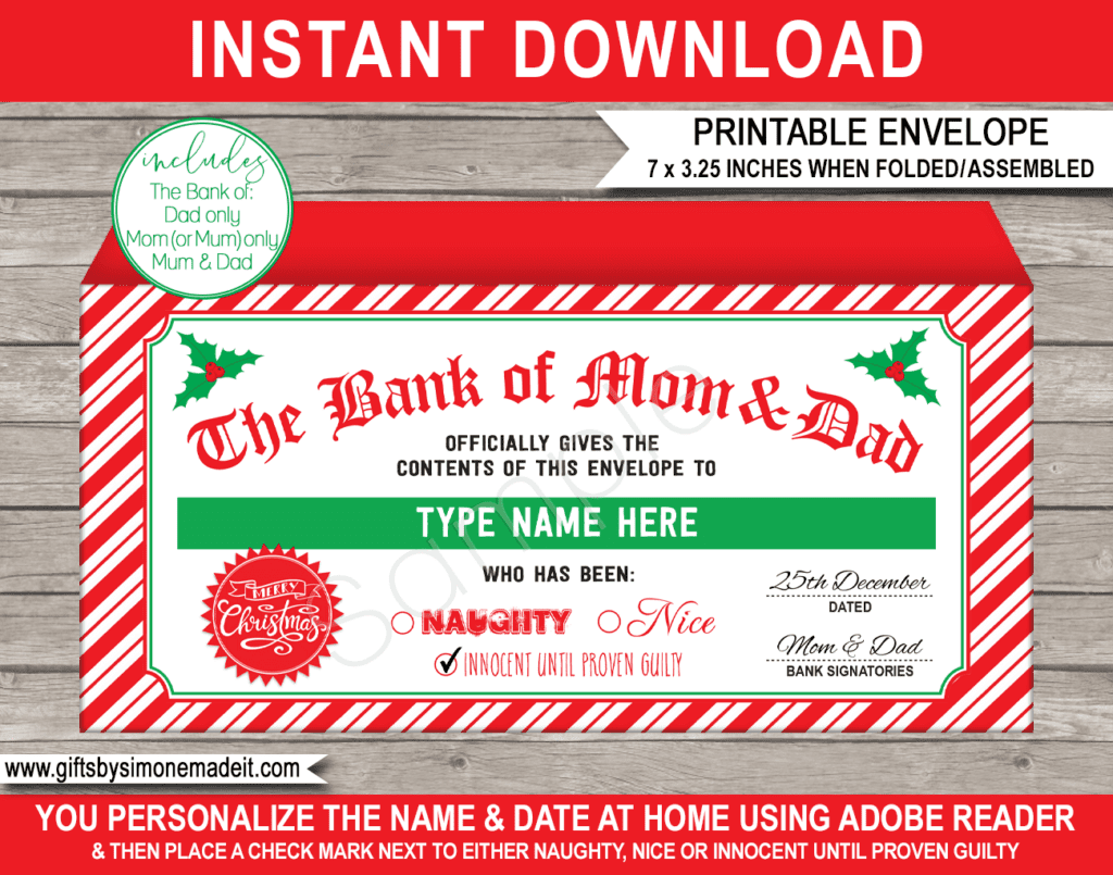 Bank of Mom & Dad Christmas Envelope | Money or Cash Gift