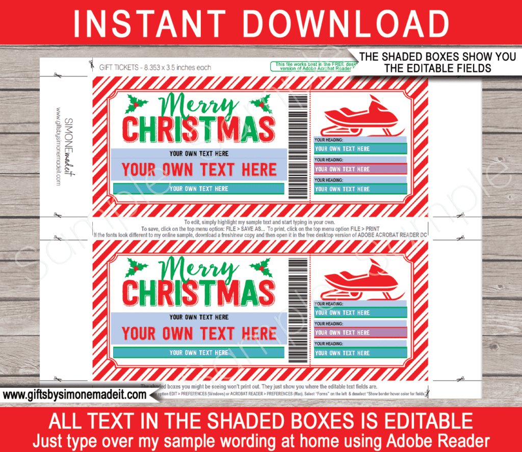 Christmas Snowmobile Ticket Template | Skidoo Gift Pass Coupon