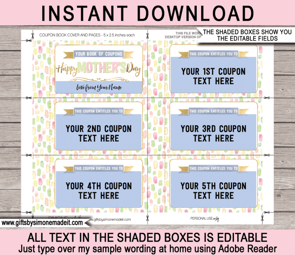 Coupon Book for Mom Template | Mothers Day Gift | Print at Home