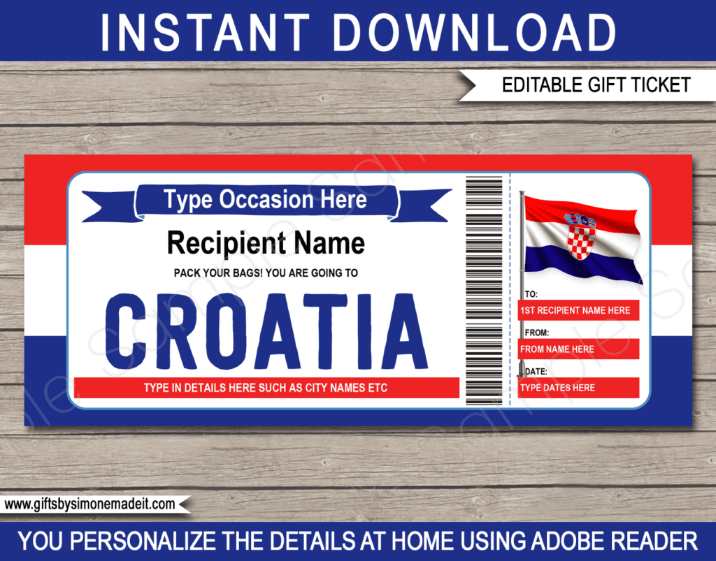 Croatia Trip Gift Ticket Template | Printable Surprise Trip Reveal