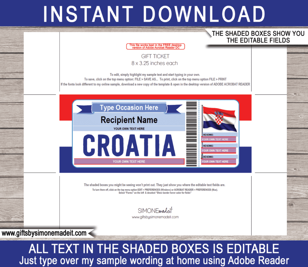 Croatia Trip Gift Ticket Template | Printable Surprise Trip Reveal